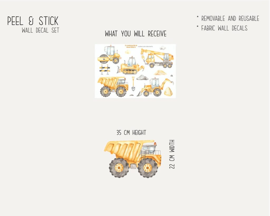 Construction & Trucks Decal Set - Removable Wall Decals, Wall Stickers ...
