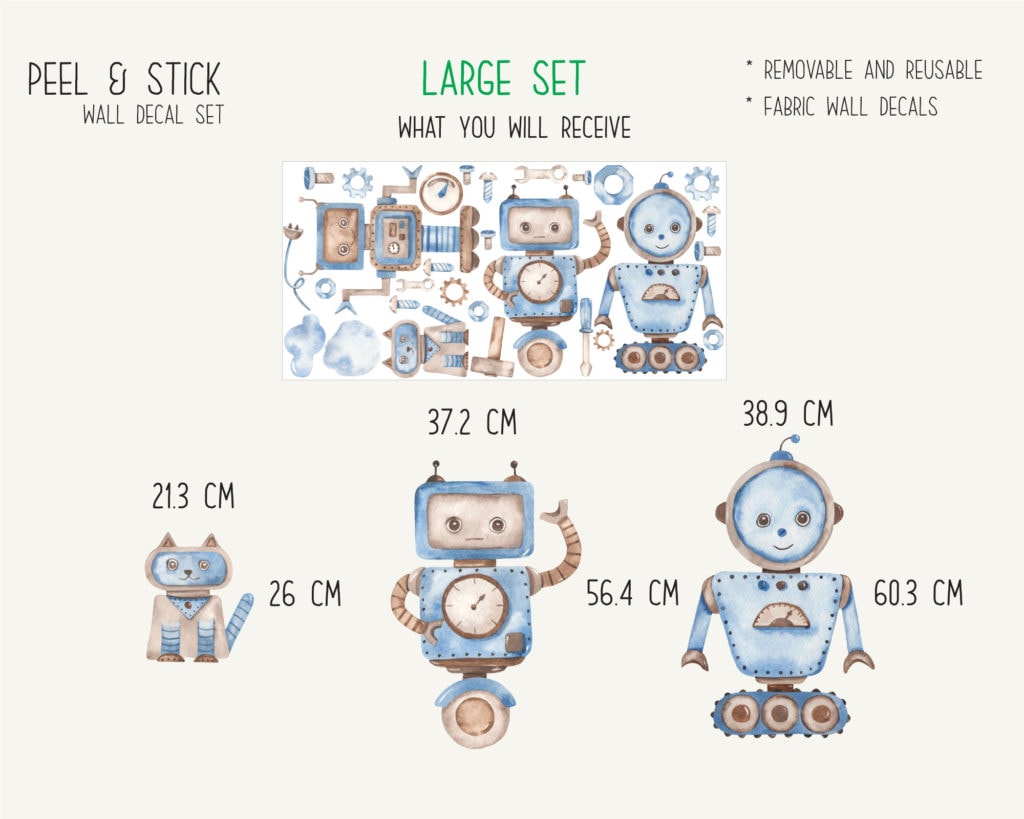Robots Watercolour Decals - Removable Wall Decals, Wall Stickers, Peel ...